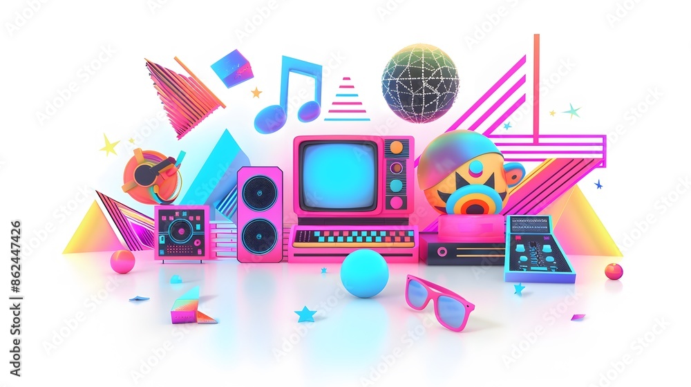 Neon colors with iconic 80s symbols, bursting with retro aesthetics ...