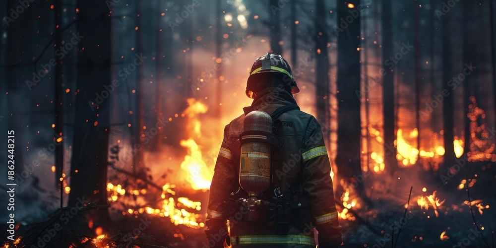 A professional firefighter extinguishes the flame. A burning forest and ...