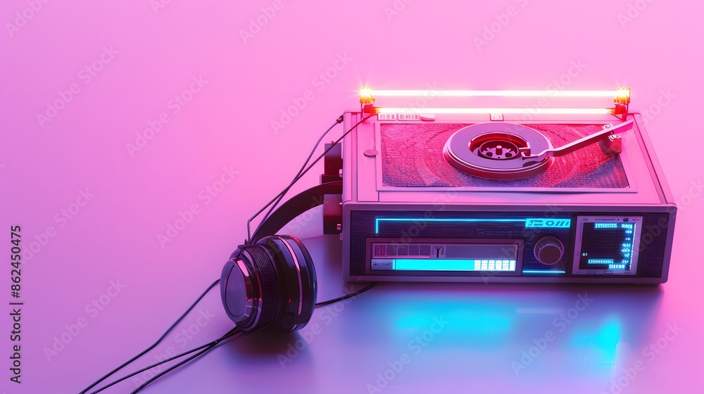 Classic Walkman player with a neon LED light sign backdrop., isolated ...
