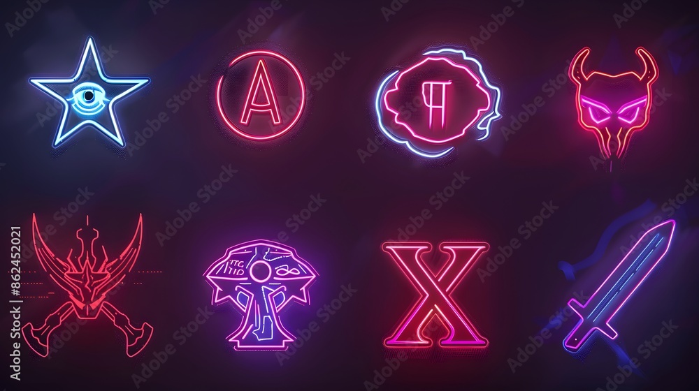 Hair metal band logos and symbols highlighted by neon LED lights ...