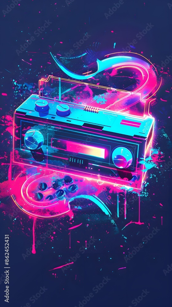 Neon color splashes and 80s icons with glowing LED light accents ...