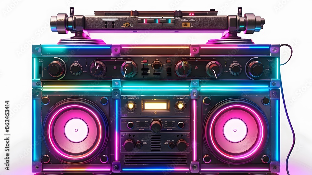 Boomboxes and mixtapes with vibrant neon LED light highlights ...