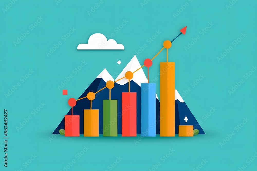 Colorful bar charts and graphs with upward trends on a mountain ...
