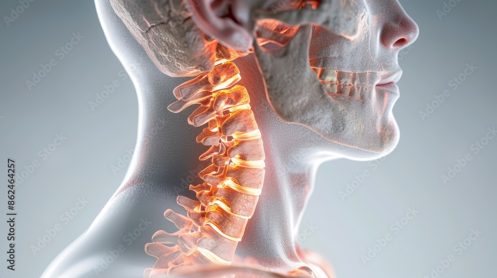 Foto de Side view of human skull and cervical spine, showing anatomy ...
