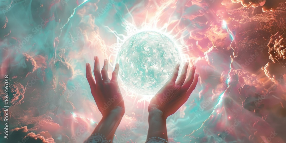 Mystical, magical hands glowing with energy, holding a glowing orb ...