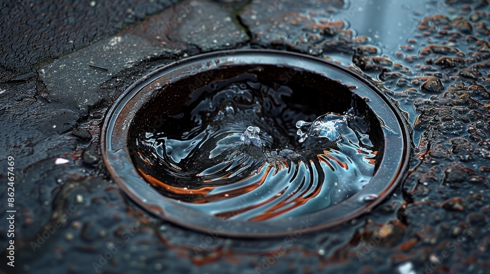 Water puddle in a round metal drain on cracked asphalt after rain ...