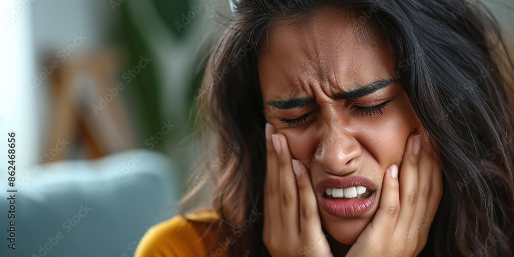 Student young female pressing sore cheek sitting at home. . Elderly ...