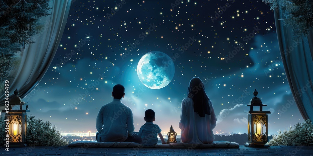 Back view of muslim family view moon islamic ramadan mubarak night, eid ...