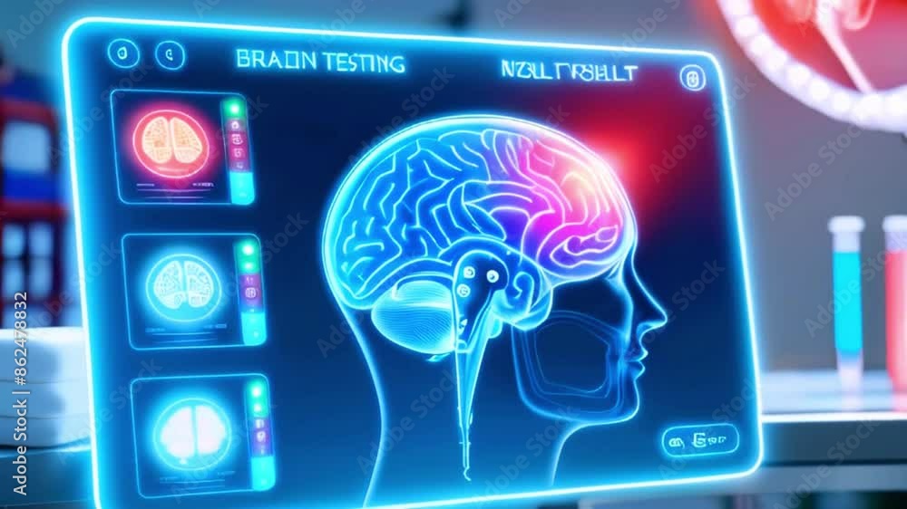 The video shows of a human brain with a blue and purple color scheme ...