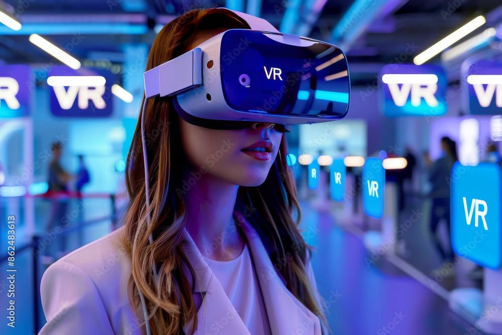 Woman using VR headset in a modern, indoor exhibition, interacting with ...