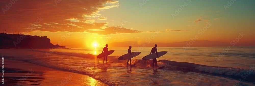 Three surfers walking towards the ocean with surfboards in hand at ...
