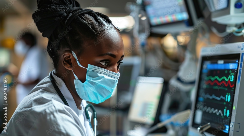 Hospital Ward. Professional Black Head Nurse Wearing Face Mask Does Checkup of Patient's Vitals ...