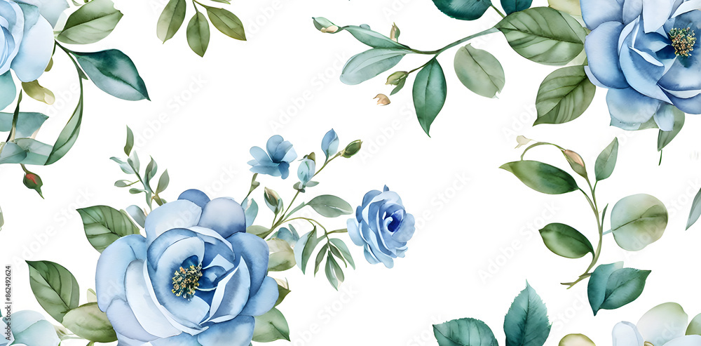 isolated Seamless border with blue flowers, leaves. vintage watercolor ...