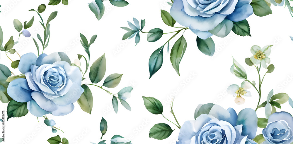 isolated Seamless border with blue flowers, leaves. vintage watercolor ...