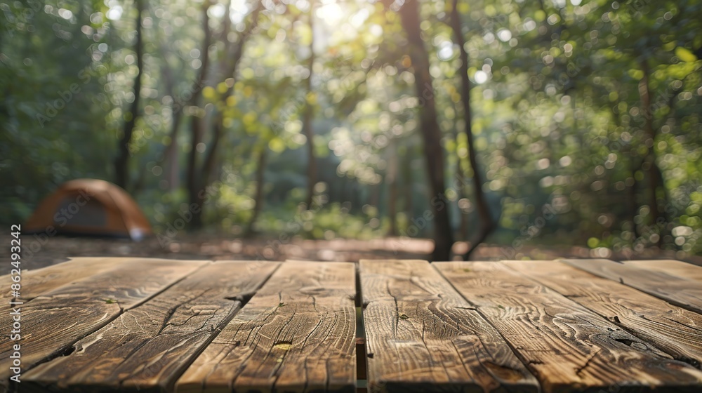 Camping wooden tabletop, empty wood table top in green forest, concept ...