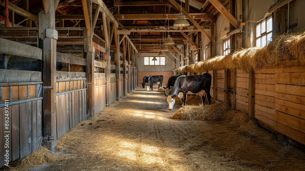 Farm cowshed with milking cows eating hay from manger Stock Photo ...