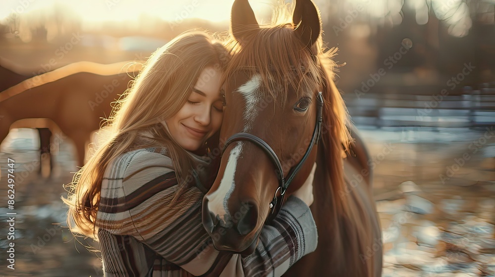 Happy woman hugging her horse. A young woman on a horse farm spends ...