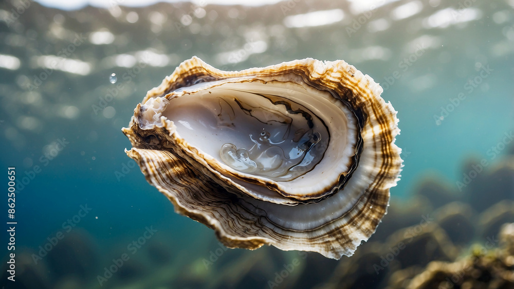 underwater shot of an oyster shell slightly open, drawing in water rich ...