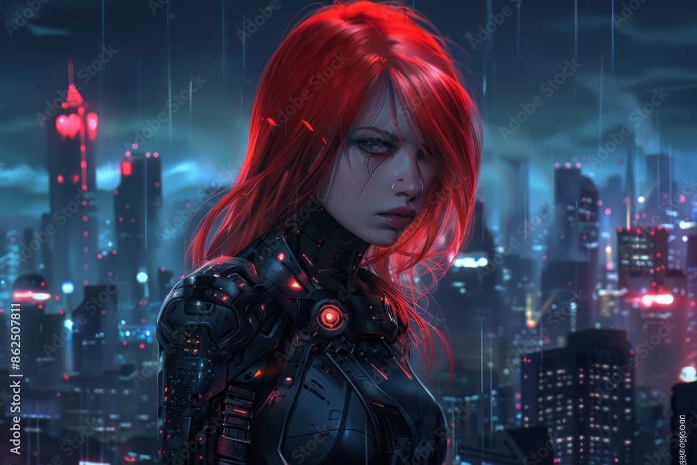 Cyber Girl. Futuristic Anime Girl with Red Hair in Moody City Night ...
