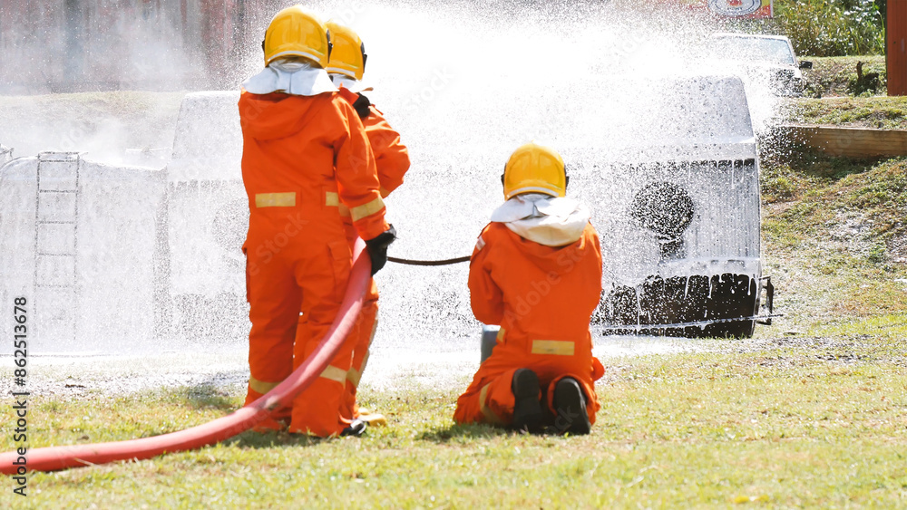 Firefighter fighting with flame using fire hose chemical water foam ...