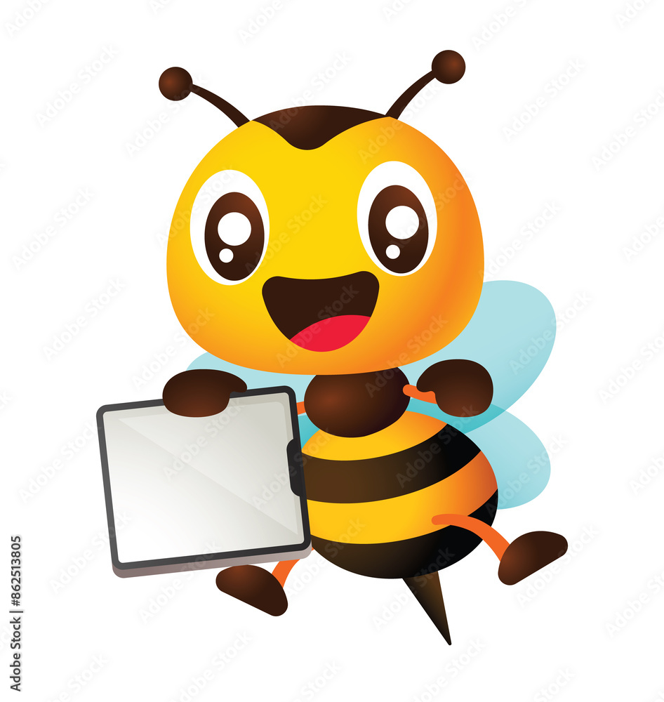 Cartoon cute honey bee hand pointing empty big screen tablet signboard ...