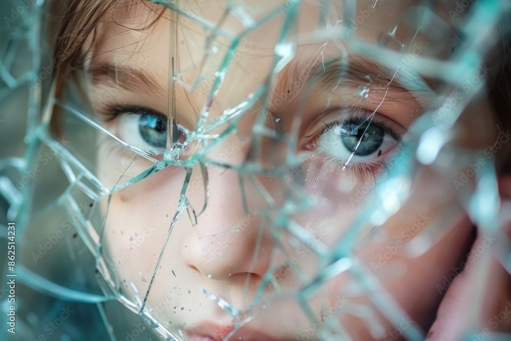 Sad child looking through the shattered glass. Innocence Shattered ...
