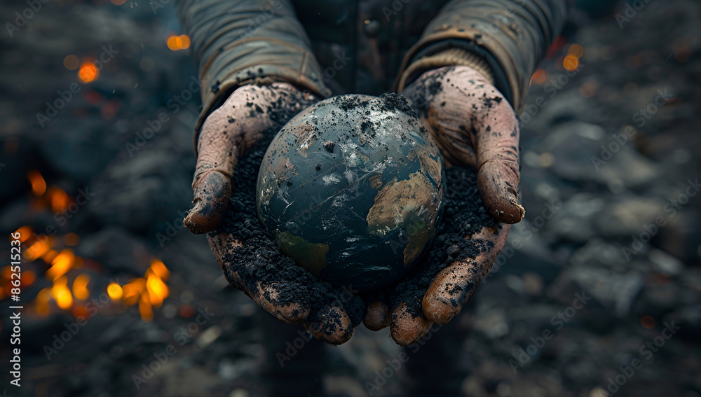 Foto de Dirty hand hold dirty globe earth with polluted environment ...