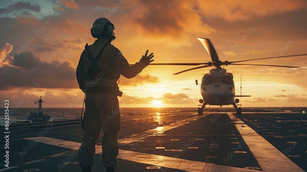 Signal man give a signal to anti-submarine warfare helicopter on the ...