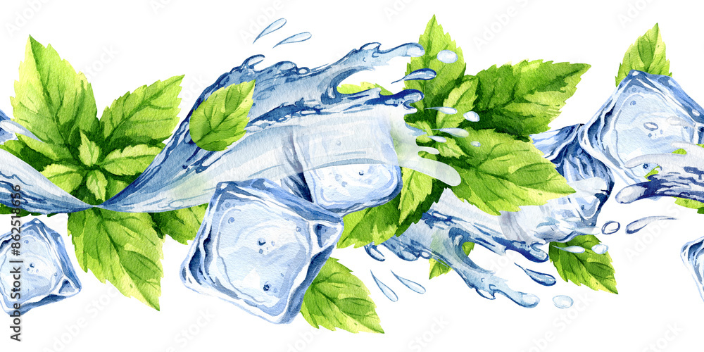 crystal ice blocks, seamless board with fresh leaves of mint and jet of ...