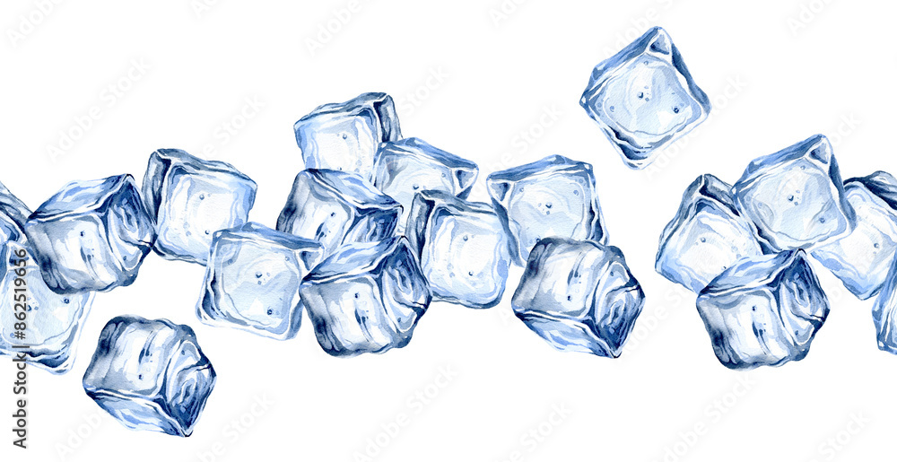 crystal ice blocks, seamless border with hand drawn watercolor ...