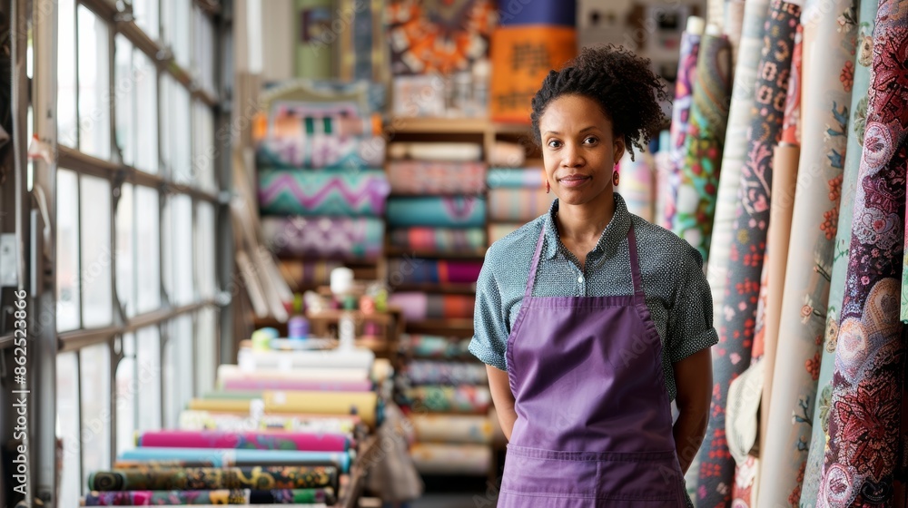 portrait of a friendly fabric store owner. A black woman in her 30s ...