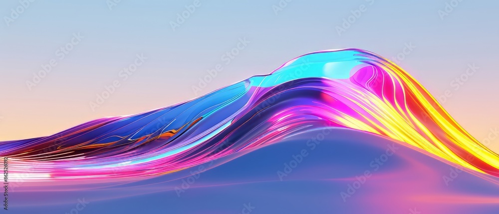Desert Landscape of Giant Soundwave Dunes. Neon light waves soundwaves ...