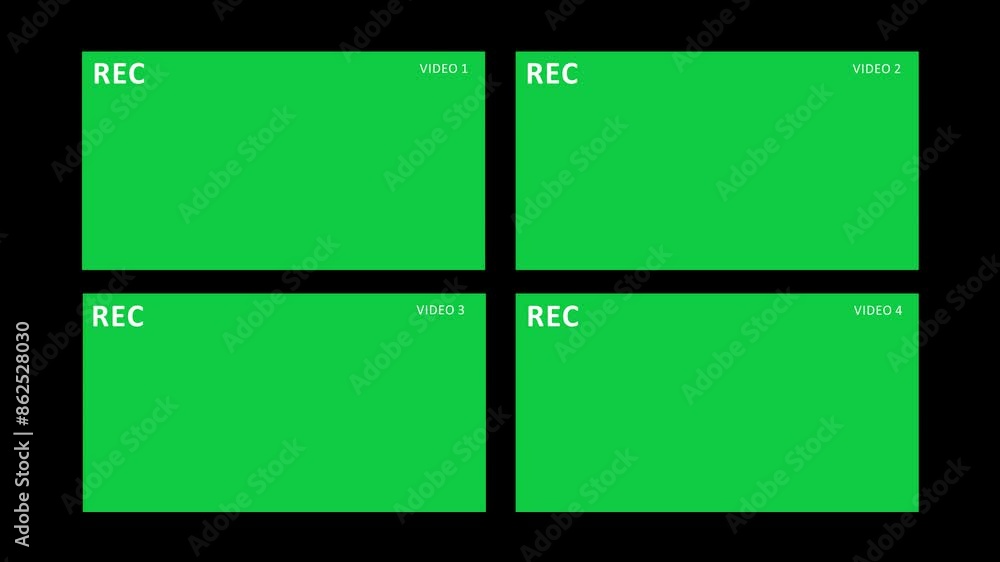 CCTV 4 Screens with Green Screen, red blinking recoding sign camera ...