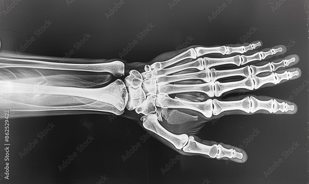 X-ray image of a human hand showing detailed bones structure on a black ...