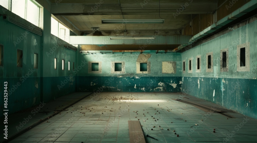 Enigmatic portrayal of a deserted indoor rifle shooting range, the ...
