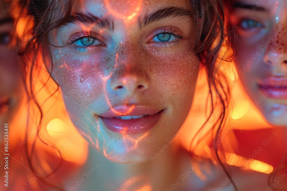 Overlay of female models’ faces are illuminated with different neon ...