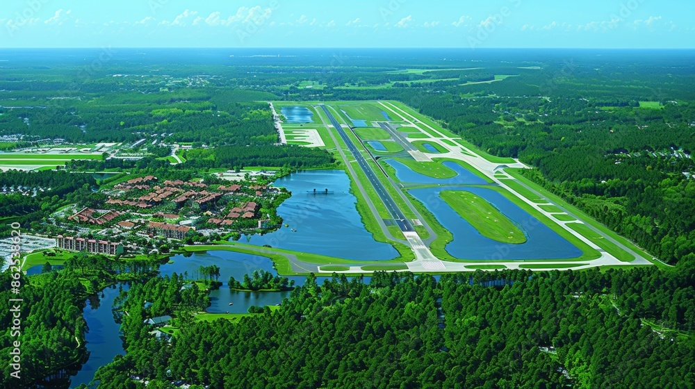 Generate a birds-eye scene of airport flight training facilities, with ...