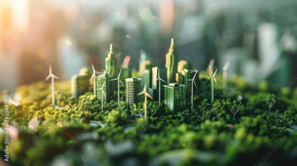 miniature green city model with high-rise buildings surrounded by lush ...