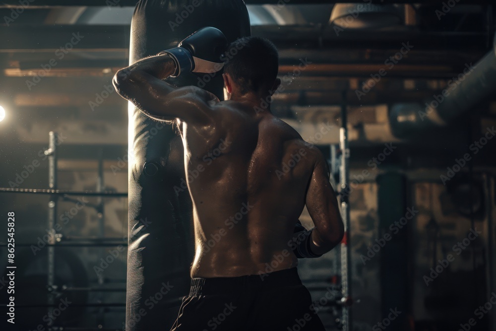 rear view of a boxer who is training in a darkened gym and swinging his ...