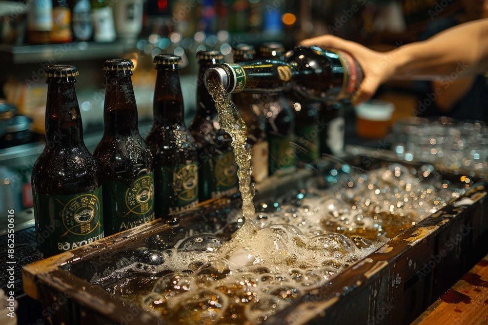 The image showcases a bartender pouring beer from multiple bottles ...