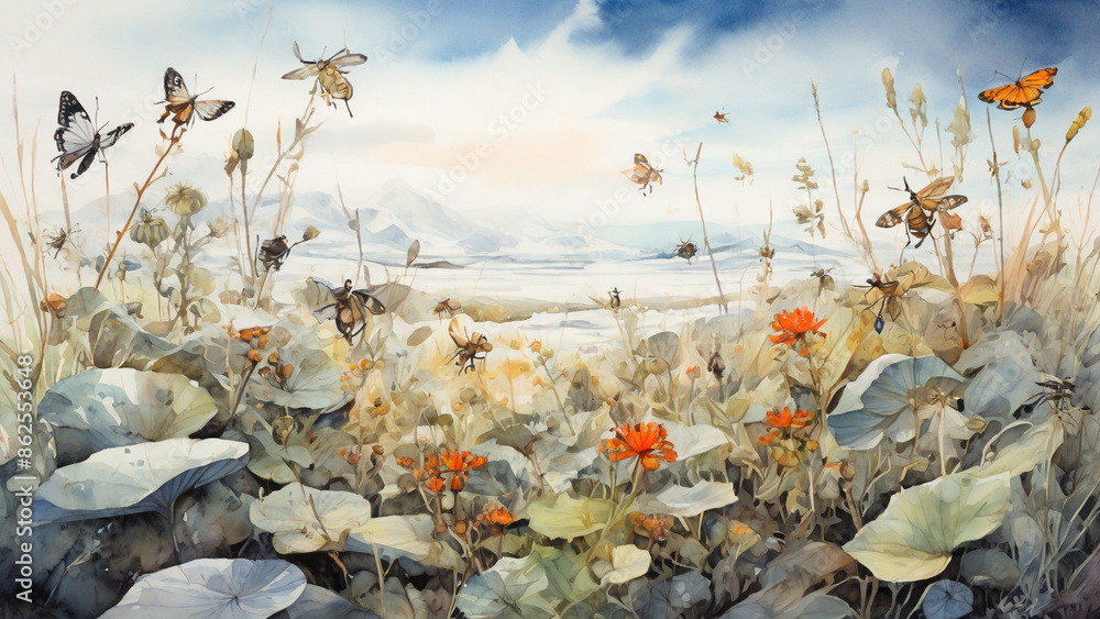 Watercolor painting: A tundra insect scene, with various hardy insects ...