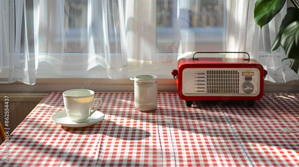 Image of a retro kitchen scene from the 1950s, featuring a classic red ...