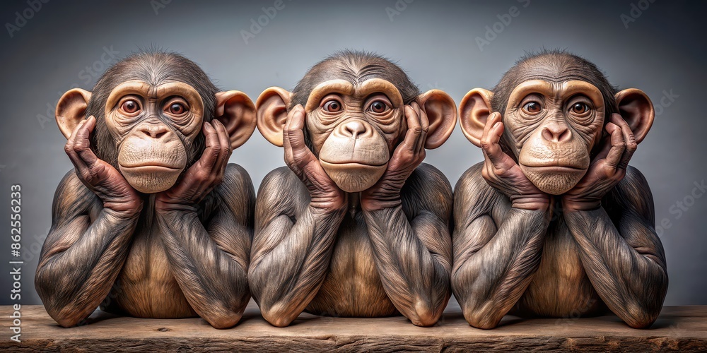 Three monkeys posing in iconic see no evil, hear no evil, speak no evil ...