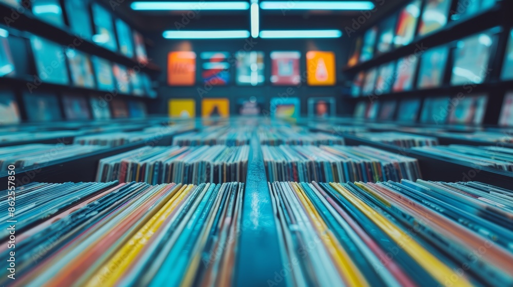 Capture the atmosphere of a vintage record store with rows of vinyl records and retro posters on ...