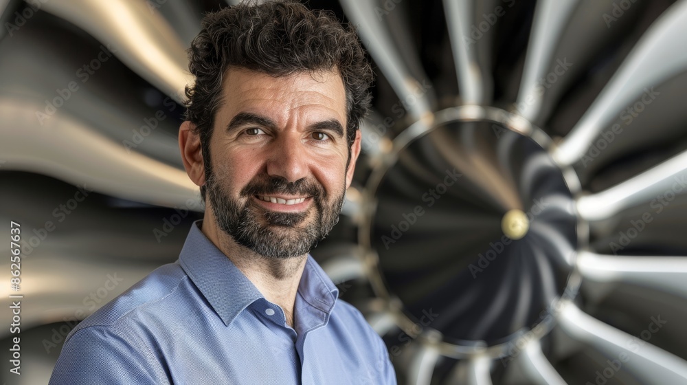 Aerospace engineer studies massive jet engine prototype in a bright ...