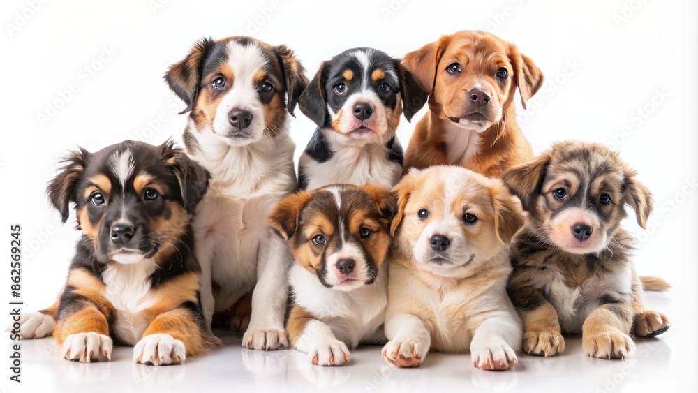 Adorable bunch of playful puppies in different breeds and sizes ...