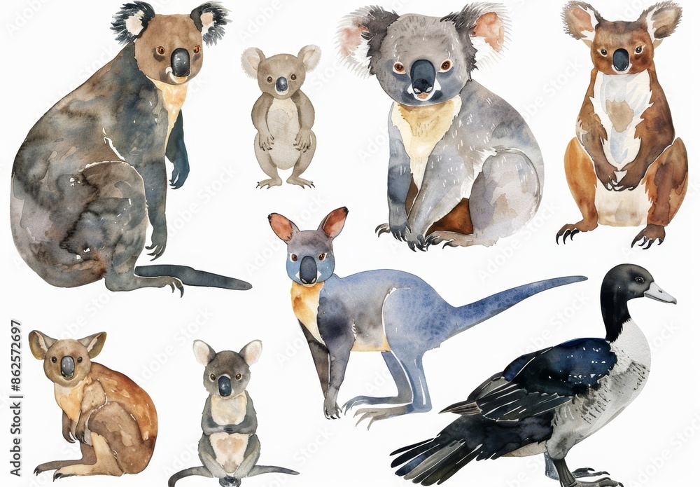 Set of watercolor kangaroos, koalas, kookaburras, echidnas, kingfishers ...