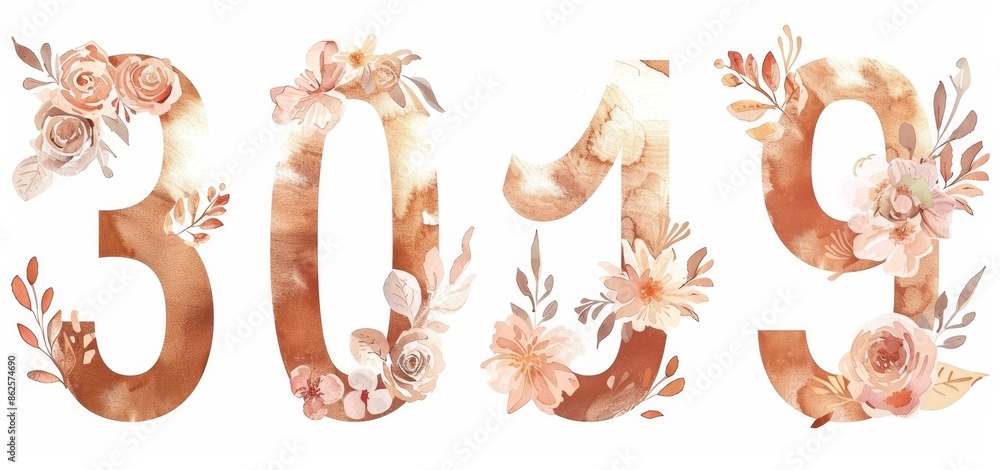 Isolated on white background, gold numbers set with watercolor flowers ...