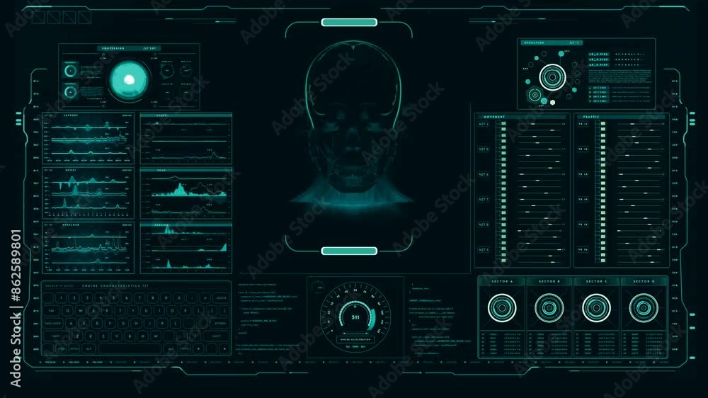 MRI brain scanning animation. Neurology data, vital signs on display ...