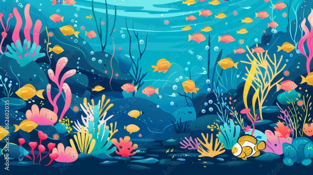 Cartoon background design with fish, sand, seaweed, coral, starfish ...